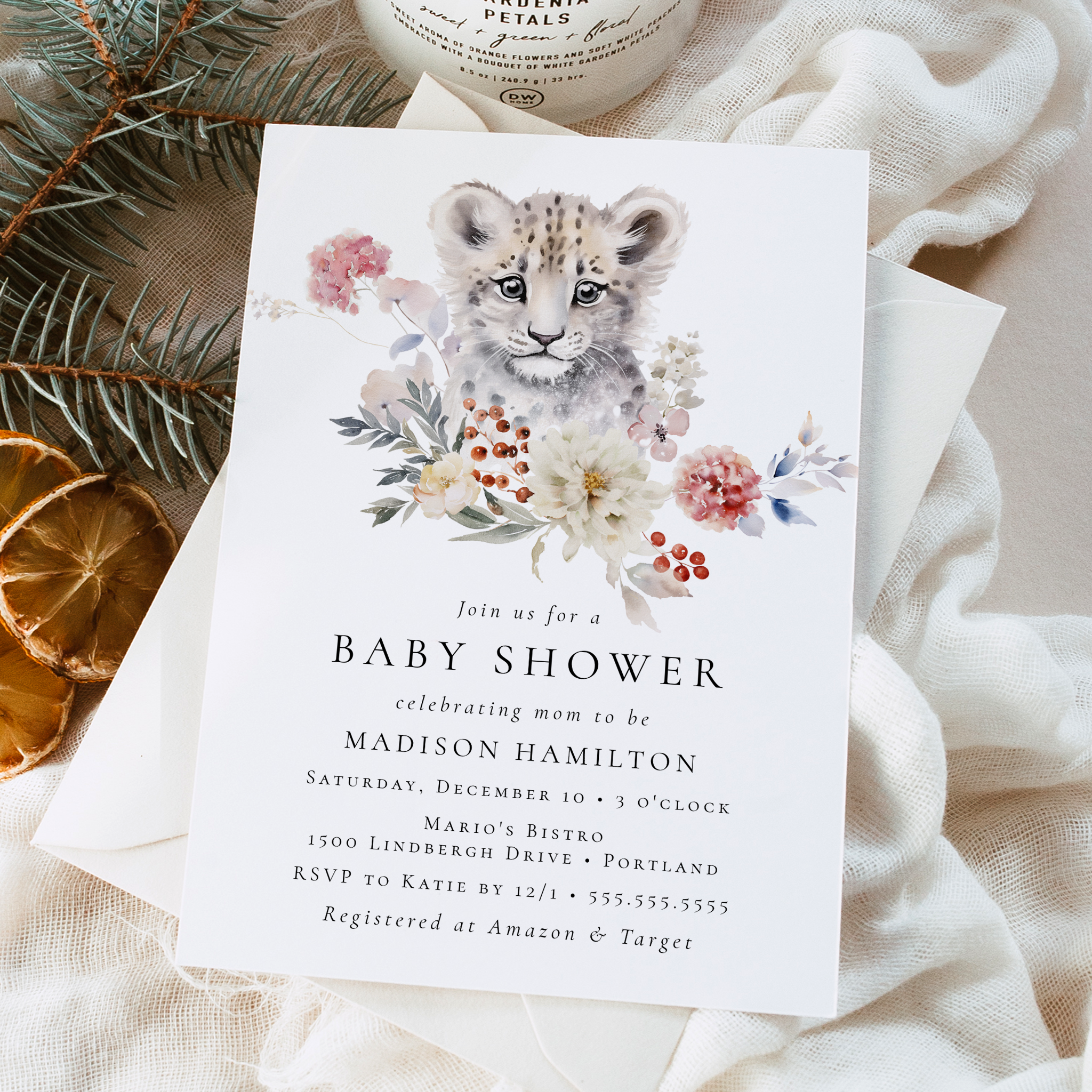 Cute Watercolor Snow Leopard Winter Baby Shower Invitation | Corjl Tem ...